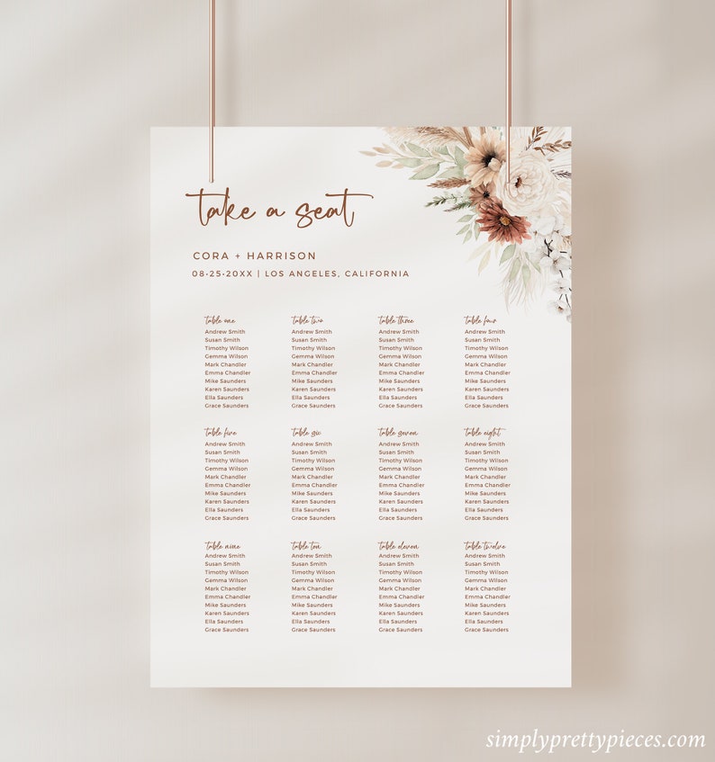 Boho Editable Seating Chart Modern Pampas Grass Printable - Etsy