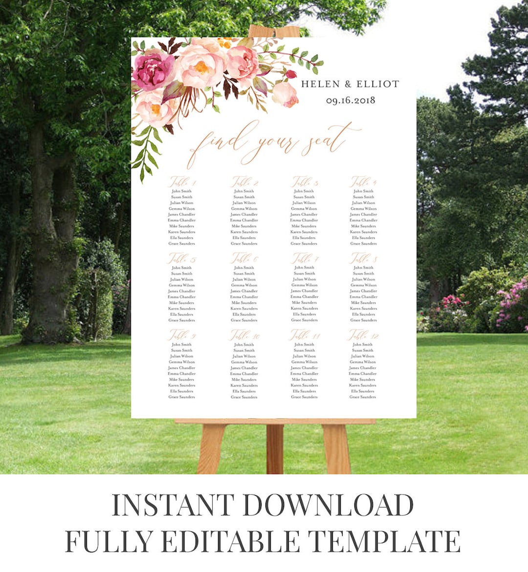 Rose Gold Floral Editable Table Plan, Pink Floral Boho Printable ...