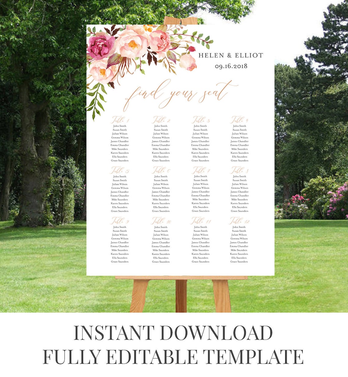 Rose Gold Floral Editable Table Plan Pink Floral Boho | Etsy