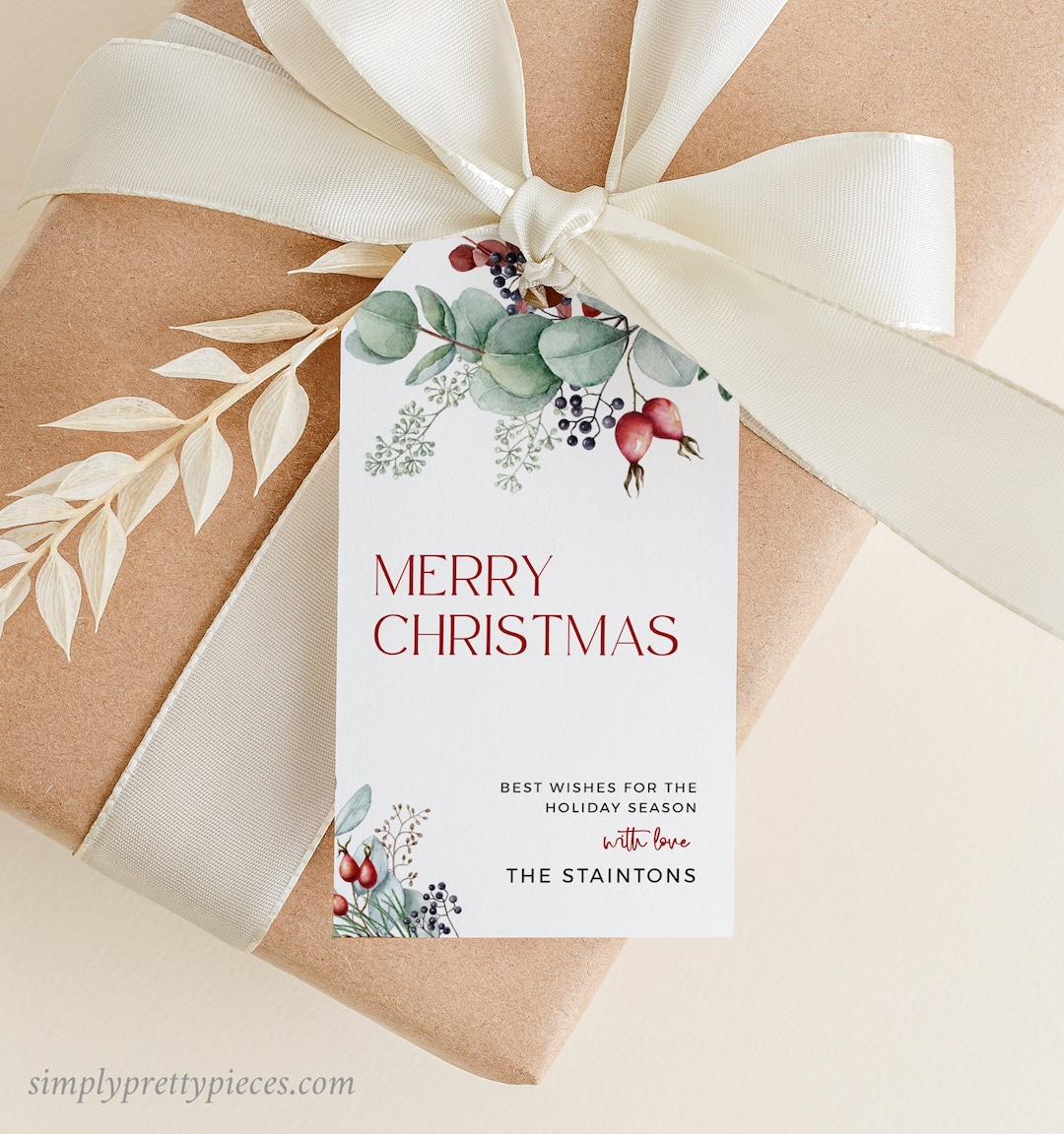 Printable Christmas Gift Tags Editable Holiday Labels, Winter Foliage ...