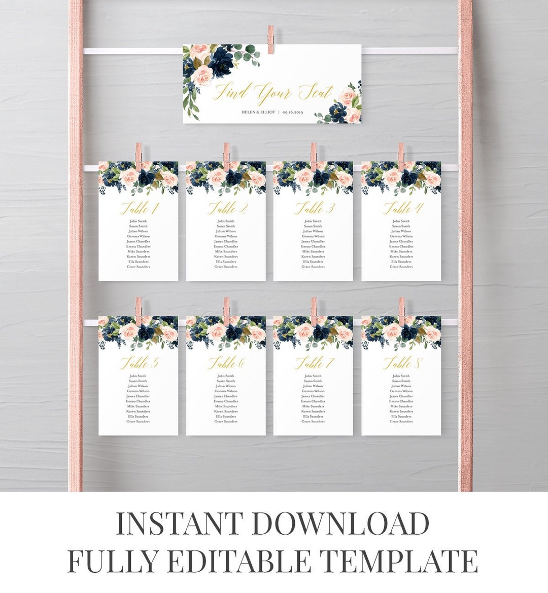 Navy Blush Gold Boho Editable Seating Chart Template, Pink Floral ...