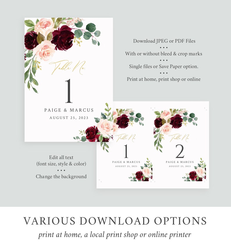 Editable Burgundy Blush Floral Table Numbers Printable Pink | Etsy