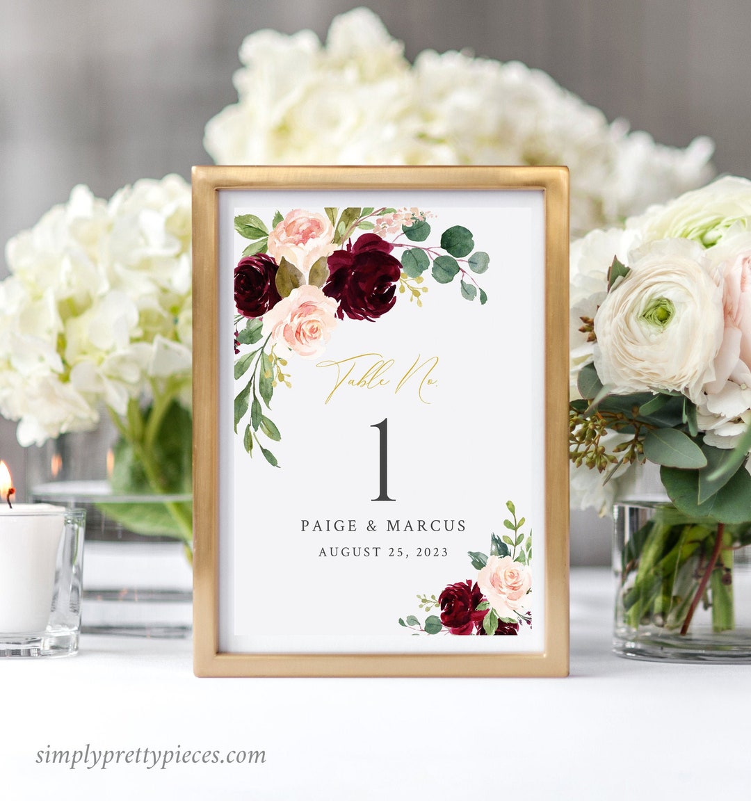Editable Burgundy Blush Floral Table Numbers, Printable Pink Rose Table ...