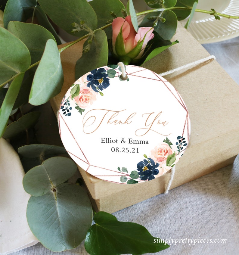Navy Blush Rose Gold Geometric Round Editable Tags Printable | Etsy