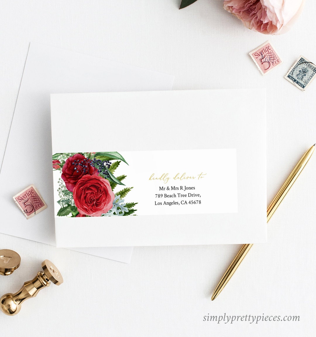 Editable Red Rose Wrap Around Address Label Template, Red Gold ...