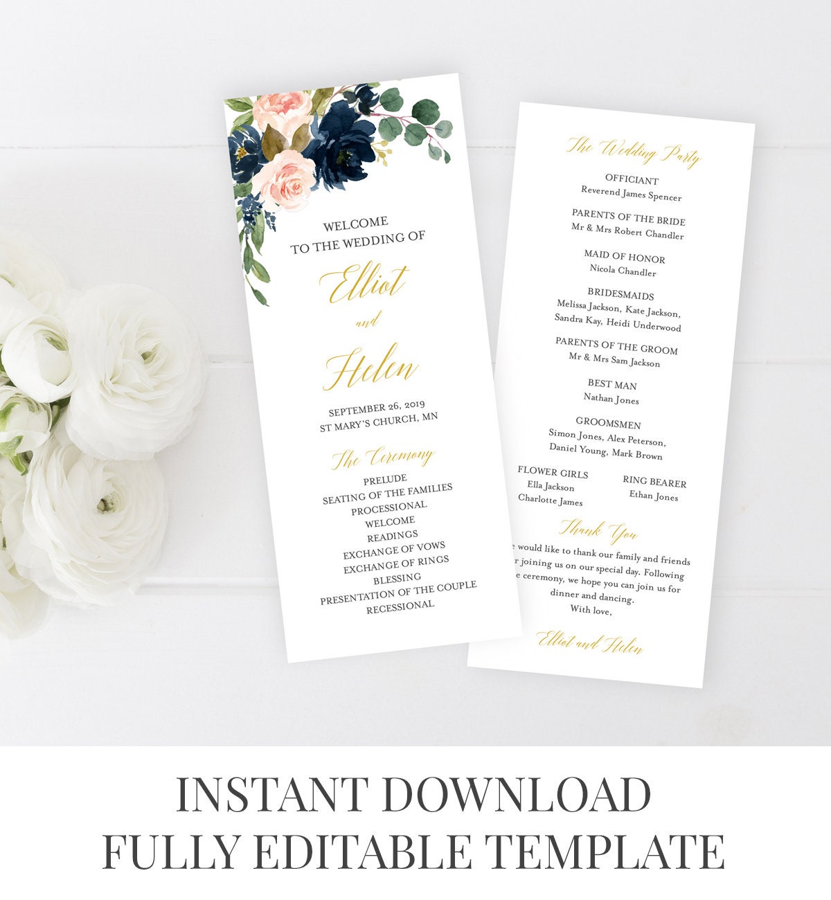 Gold Navy Blush Editable Wedding Bundle Printable Pink | Etsy