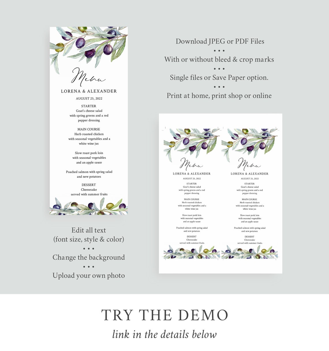 Olive Editable Menu Olive Branch Greenery Table Wedding Menu | Etsy