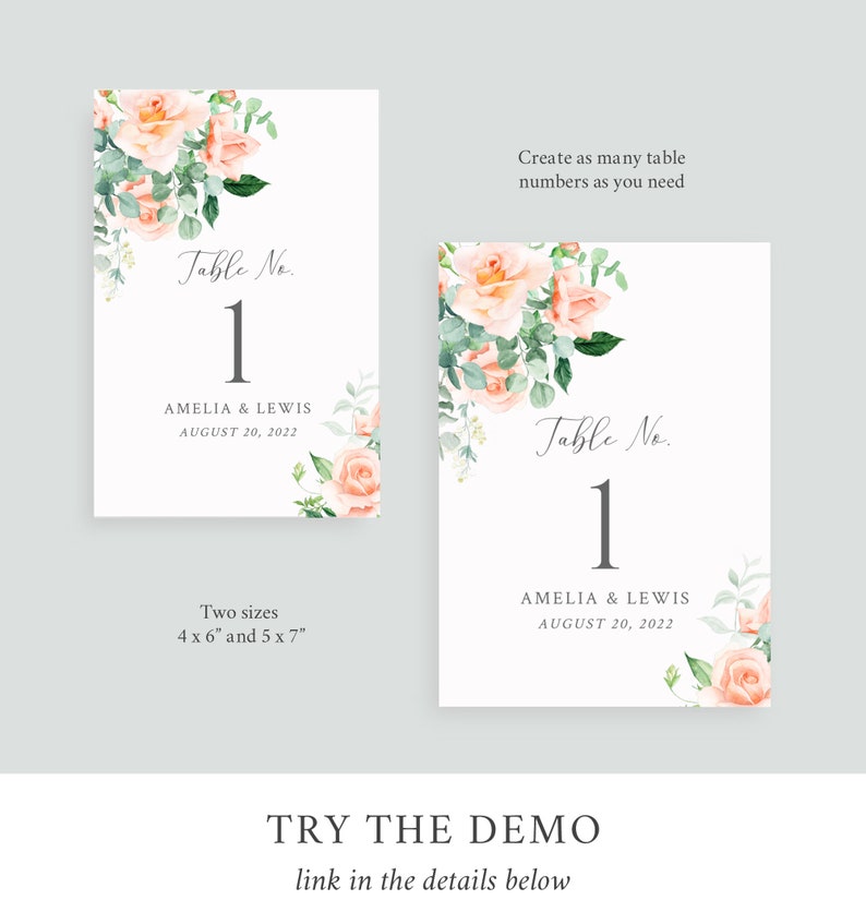 Peach Rose Editable Table Numbers, Printable Peach Floral Table Numbers ...