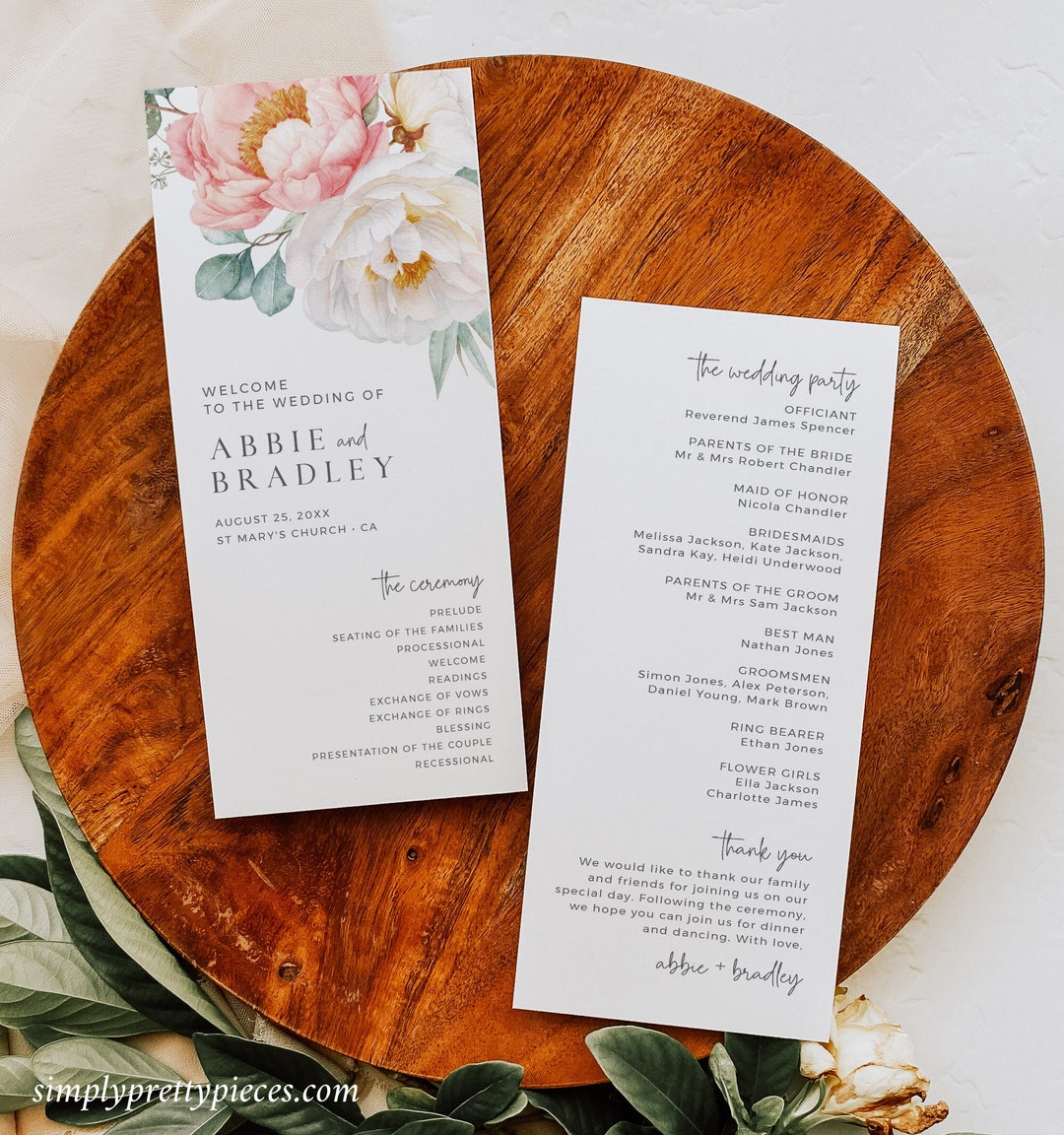 Peony Wedding Program, Peonies Ceremony Program, Garden Wedding Program, Blush Floral Order ...