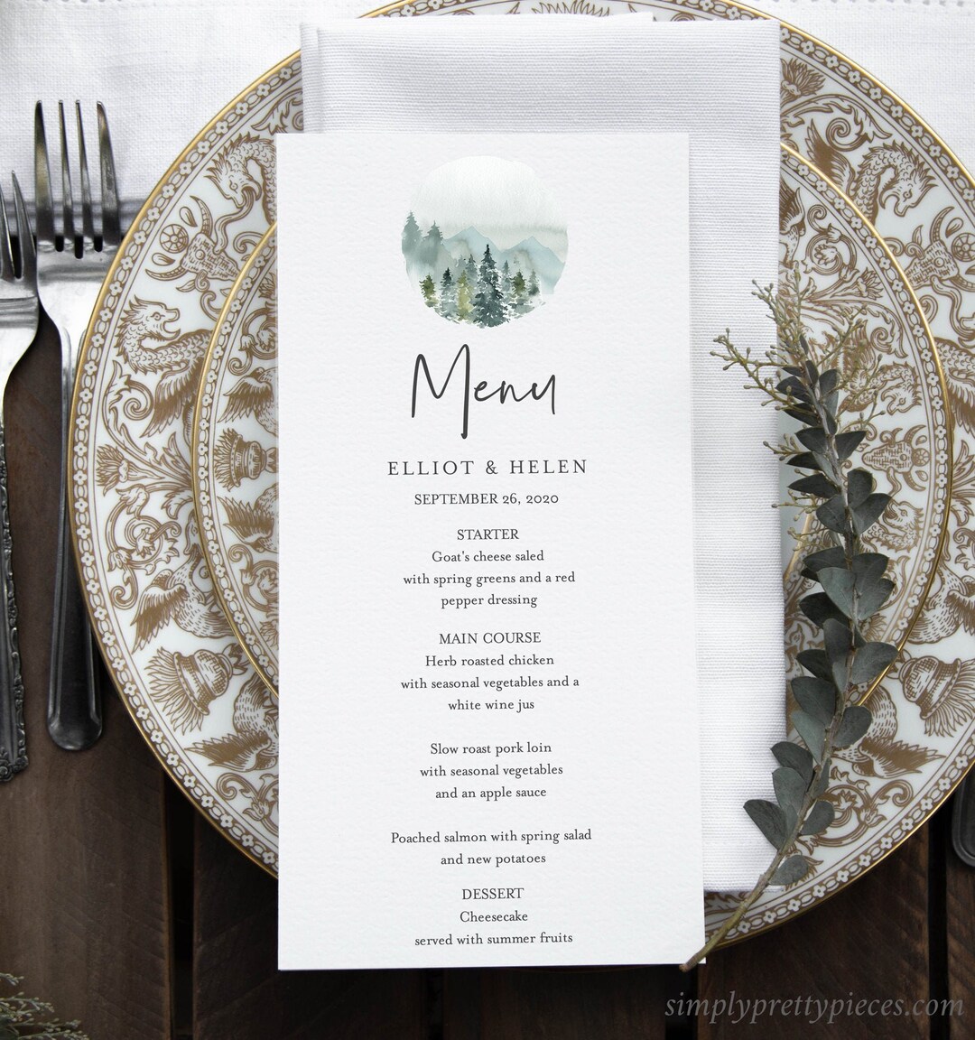 Woodland Editable Menu, Rustic Table Wedding Menu, Printable Mountains ...