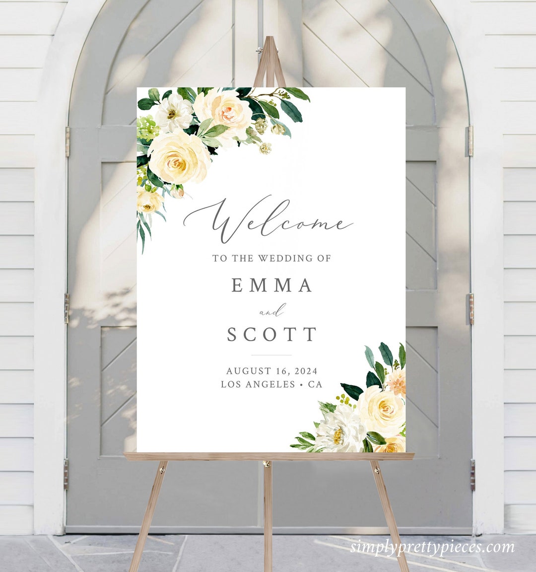 Editable Yellow Floral Wedding Welcome Sign, White Green Floral Custom ...