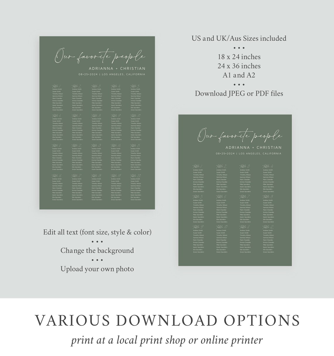 Sage Green Modern Editable Seating Chart, Boho Forest Minimalist ...