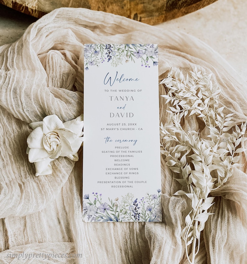 Dusty Blue Wedding Program Template, Wildflower Ceremony Program ...