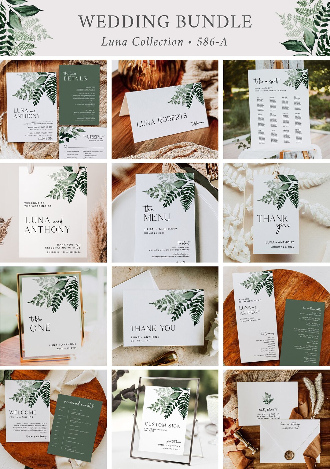 Modern Botanical Editable Wedding Bundle, Fern Foliage Printable ...