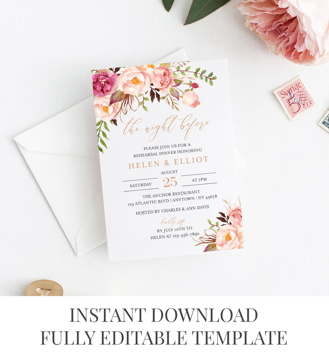 Rose Gold Editable Rehearsal Dinner Invitation, Pink Floral Boho ...