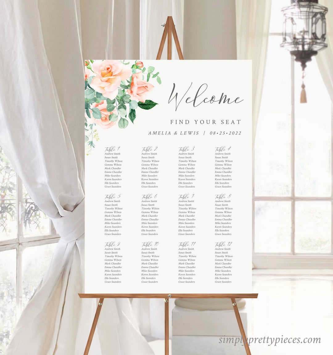 Peach Rose Editable Table Plan, Peach Floral Wedding Printable Seating ...