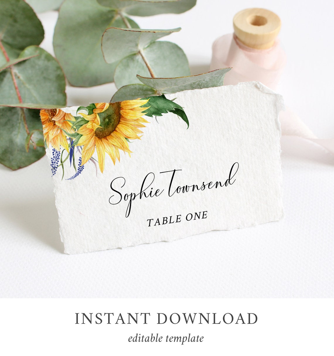 Sunflower Editable Place Cards, Yellow Floral Greenery Name Card ...
