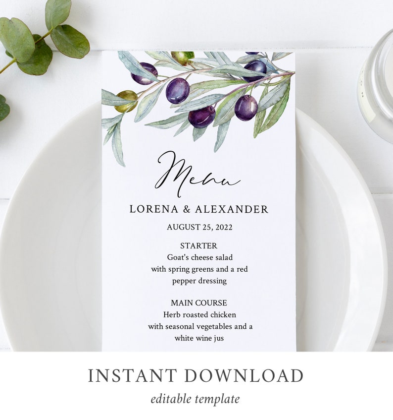 Olive Editable Menu, Olive Branch Greenery Table Wedding Menu ...