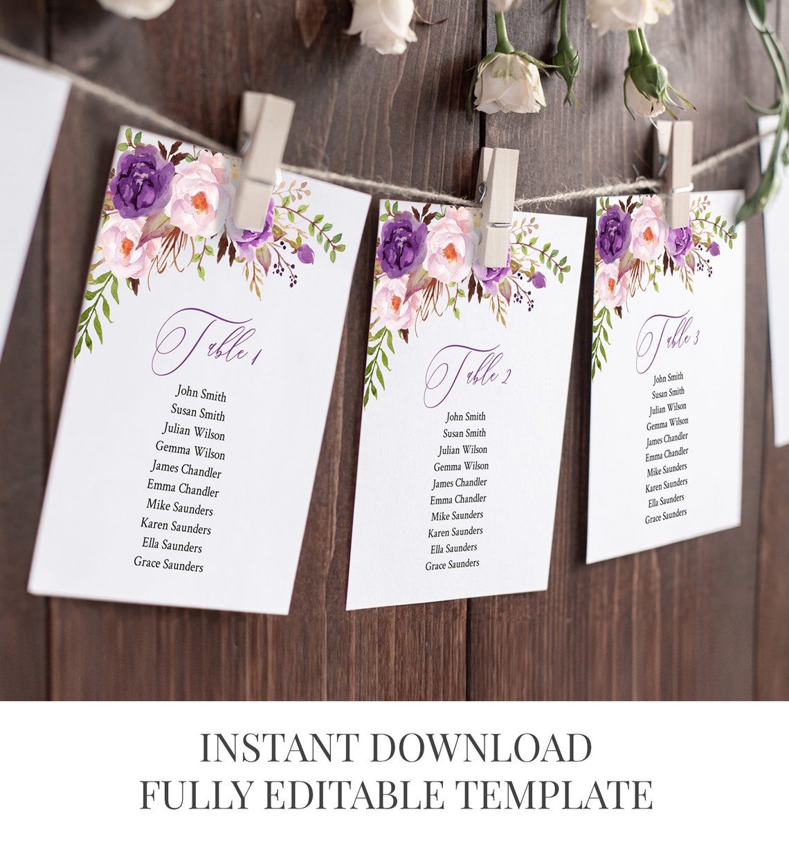 Purple Floral Editable Seating Chart Template, Lavender Boho Hanging ...