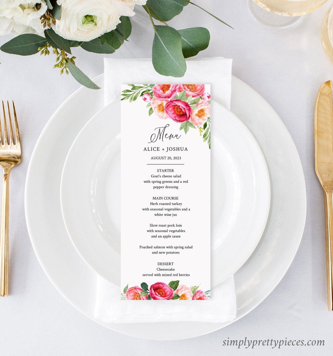 Fuchsia Coral Blush Floral Editable Menu, Peonies Table Wedding Menu ...