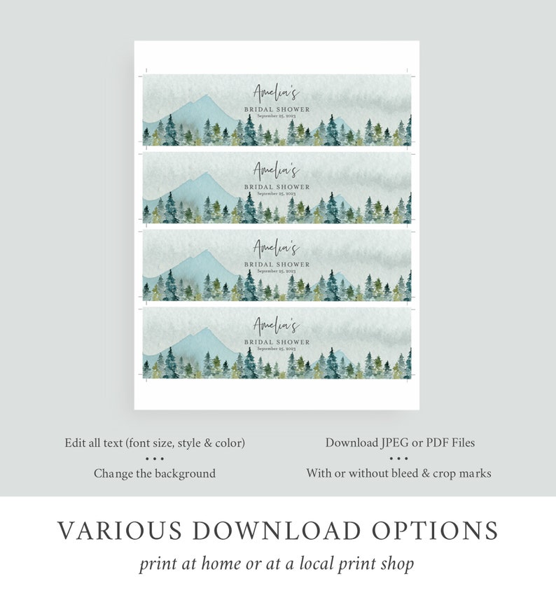 Mountains Editable Water Bottle Labels, Woodland Water Bottle Label DIY ...