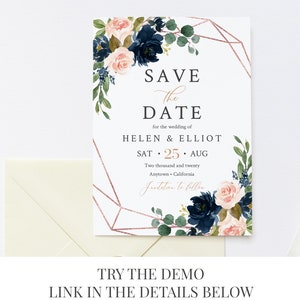 Navy Blush Rose Gold Geometric Editable Save the Date, Printable Save ...