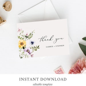 Wildflower Editable Thank You Cards, Printable Green Purple Pink Floral ...