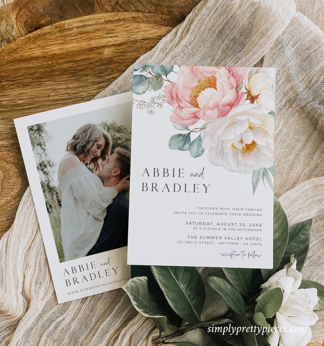 Peony Wedding Invitation, Garden Wedding Invite, Blush Floral Photo ...