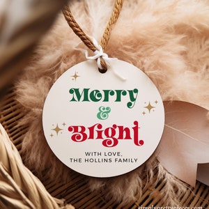 Retro Round Christmas Gift Tags, Merry & Bright Holiday Favor Tags ...