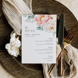 Peony Menu, Peonies Wedding Menu, Blush Floral Table Menu, Garden ...