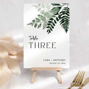 Modern Botanical Editable Table Numbers, Printable Minimal Fern Wedding ...