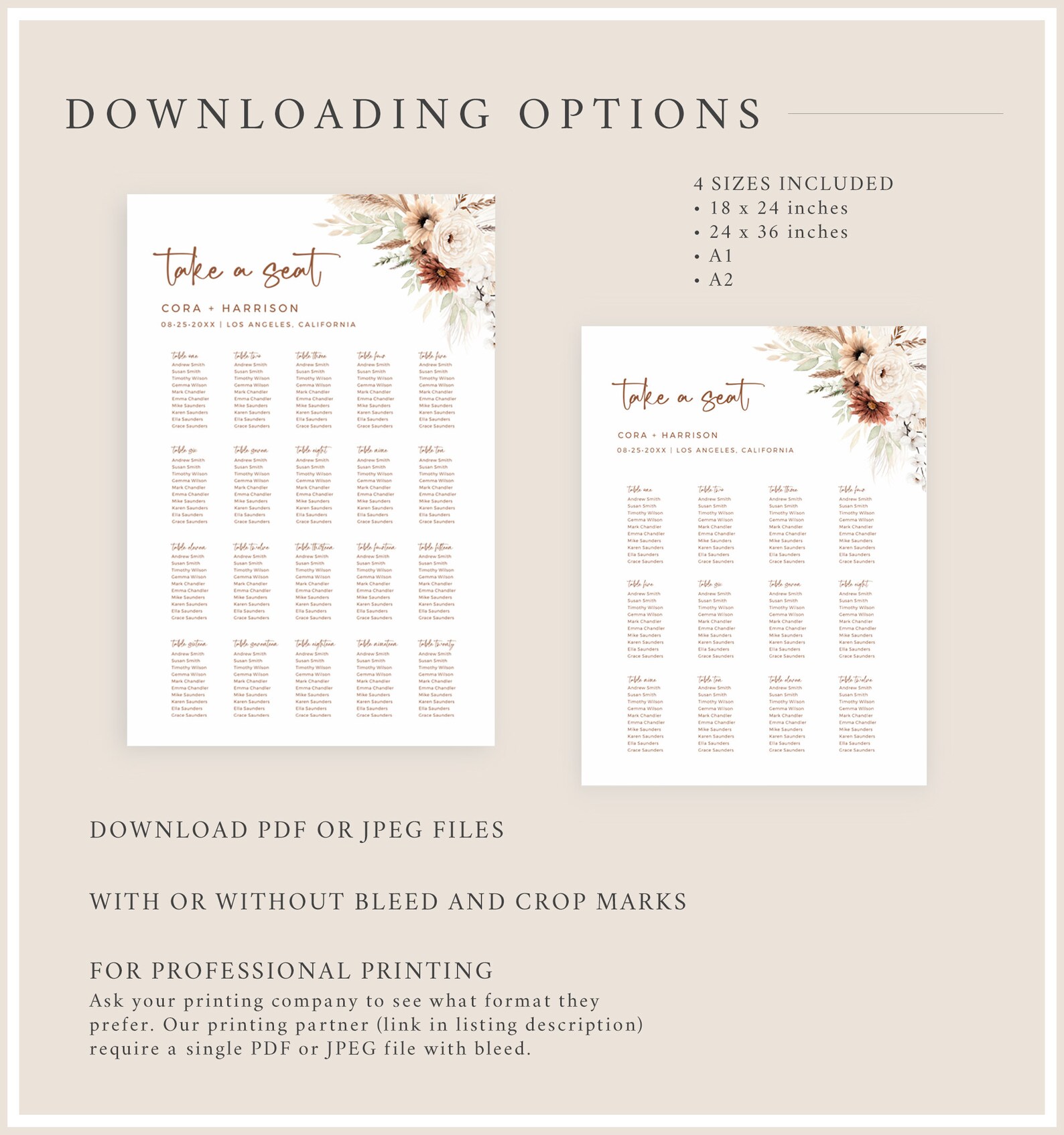 Boho Editable Seating Chart, Modern Pampas Grass Printable Table Plan ...