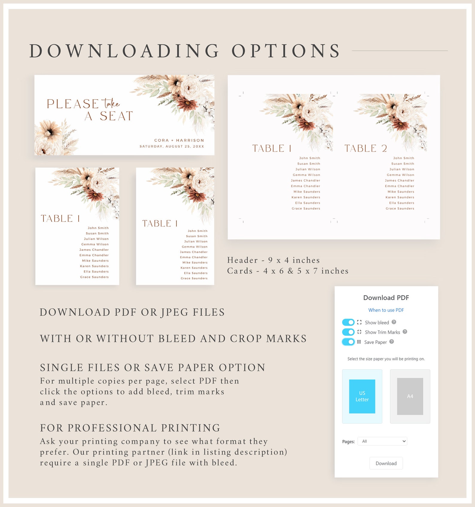 Editable Bohemian Seating Chart Template, Pampas Grass Dried Flower ...