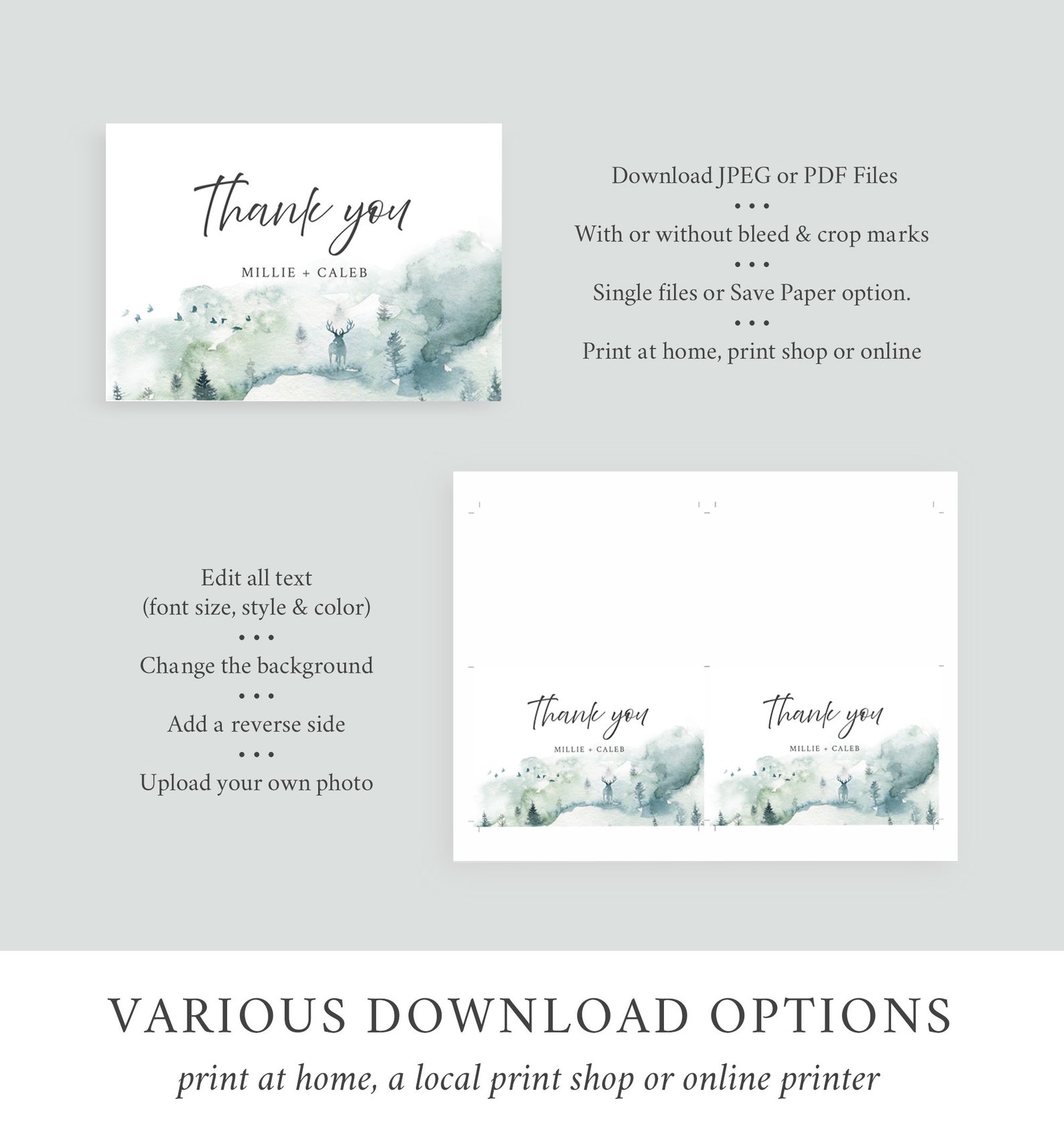 Forest Editable Thank You Cards Printable Rustic Deer Stag - Etsy