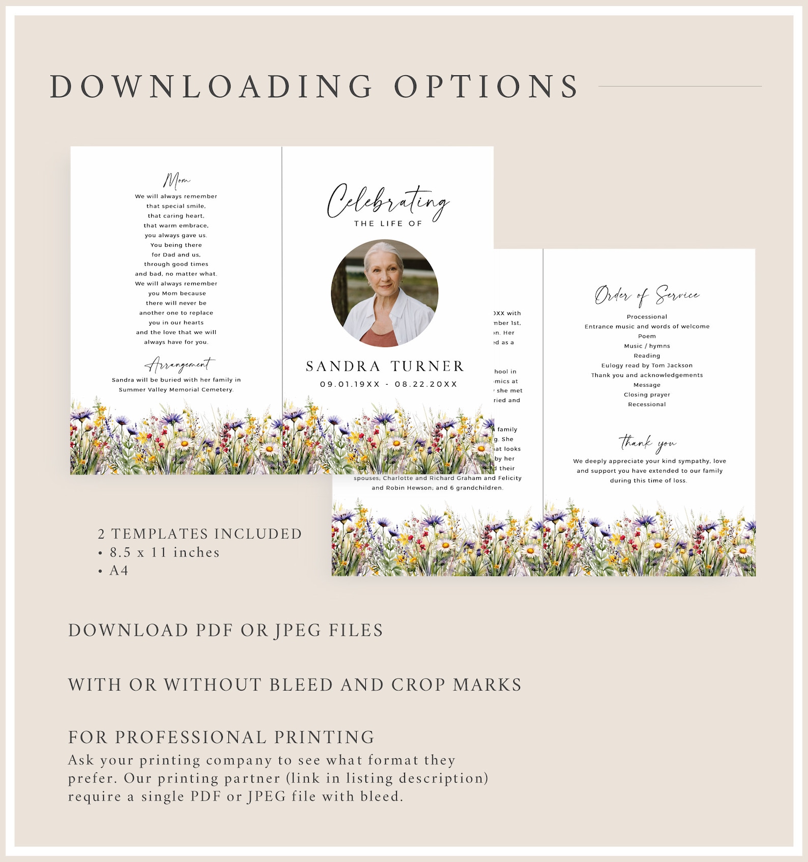 Bright Wildflower Celebration of Life Booklet Program, Foldable Funeral ...