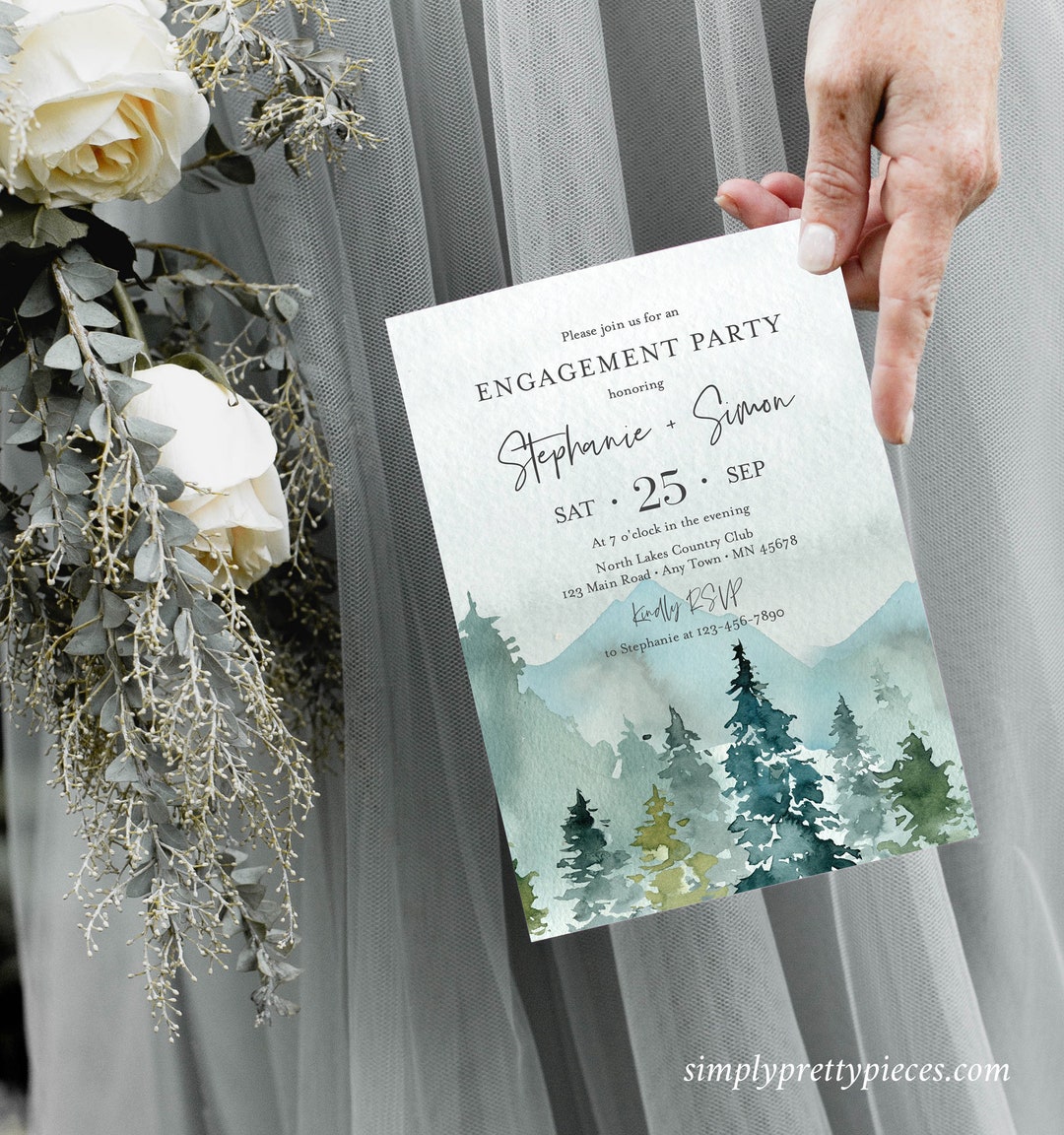 Rustic Woodland Editable Engagement Party Invitation, Mountains ...