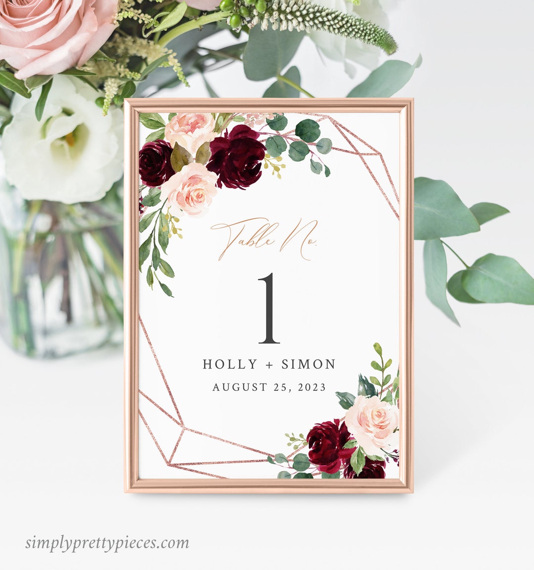 Burgundy Pink Rose Gold Geometric Editable Table Numbers, Printable ...