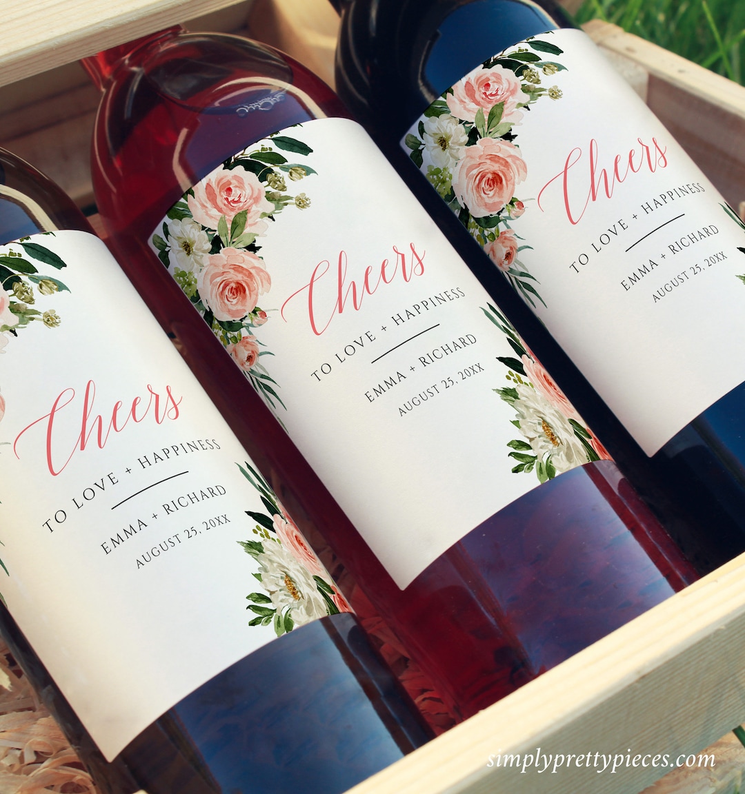 Blush Floral Wine Bottle Label, Printable Full Size Wine Bottle Label ...