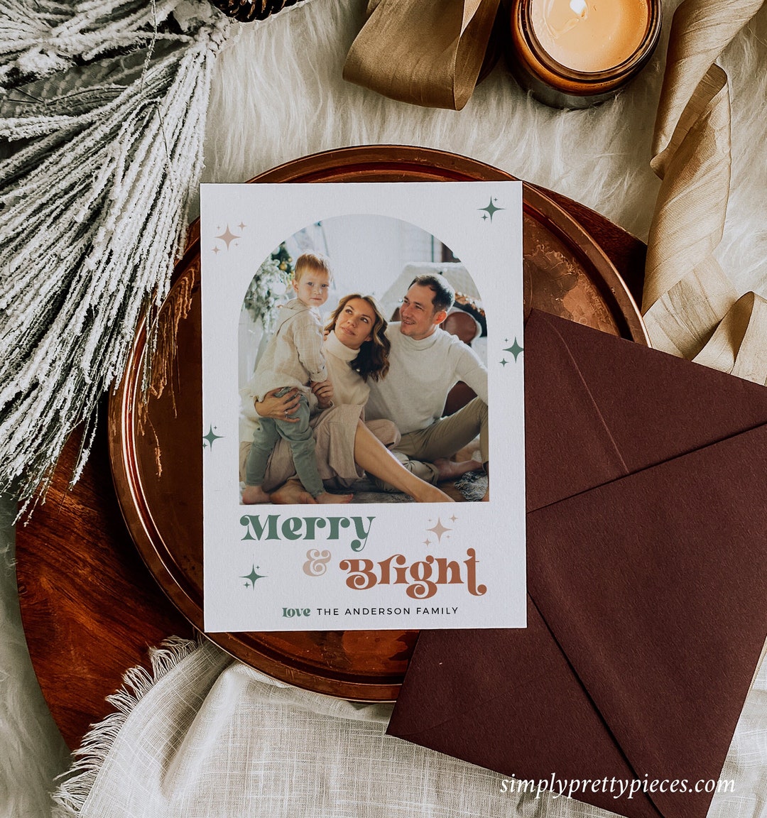 Retro Christmas Card Template With Photo, Editable Boho Holiday Card ...