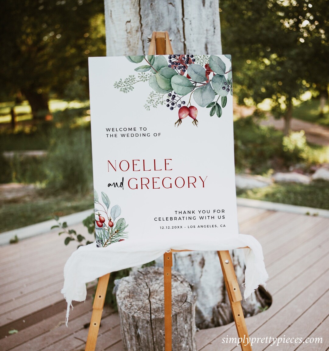 Winter Wedding Welcome Sign, Eucalyptus Welcome Poster, Winter Foliage ...