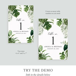 Monstera Editable Table Numbers, Printable Tropical Greenery Wedding ...