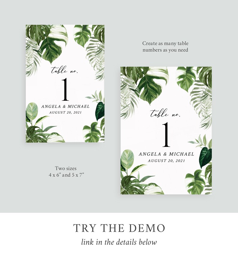 Monstera Editable Table Numbers Printable Tropical Greenery | Etsy