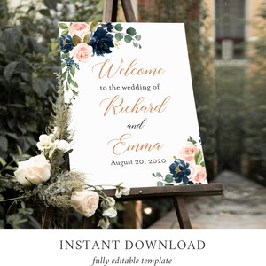 Navy Blush Rose Gold Floral Editable Wedding Welcome Sign, Shower Sign ...