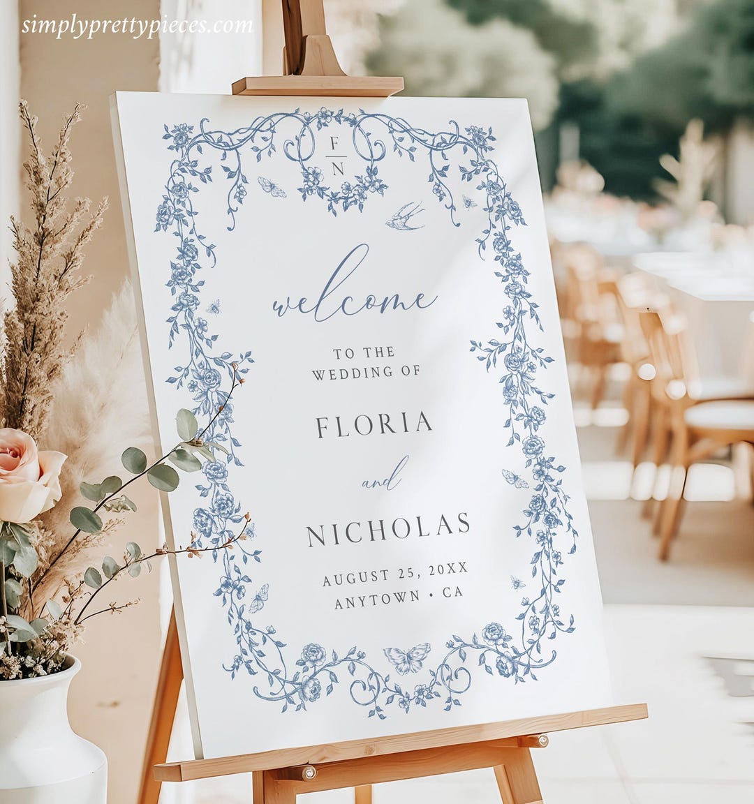 Dusty Blue Chinoiserie Wedding Welcome Sign Template, Toile De Jouy ...