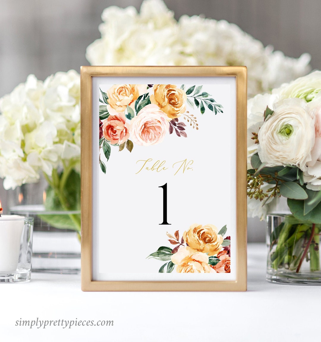 Gold Blush Editable Table Numbers, Printable Peach Floral Table Numbers ...