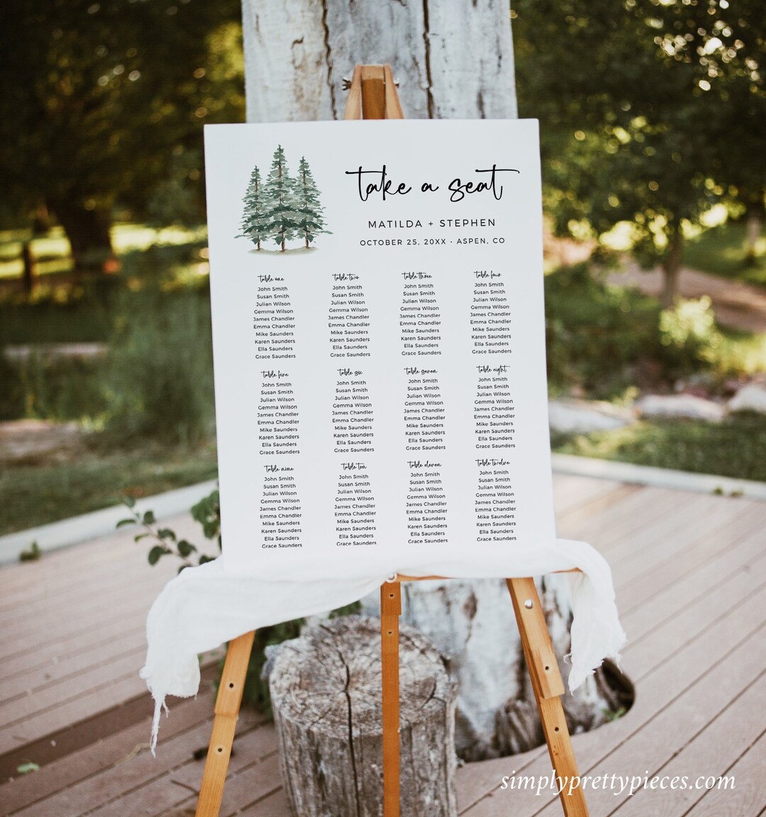 Rustic Pine Editable Seating Chart, Modern Woodland Printable Table ...