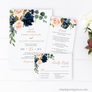 Navy Blush Rose Gold Editable Wedding Bundle, Printable Invitation ...