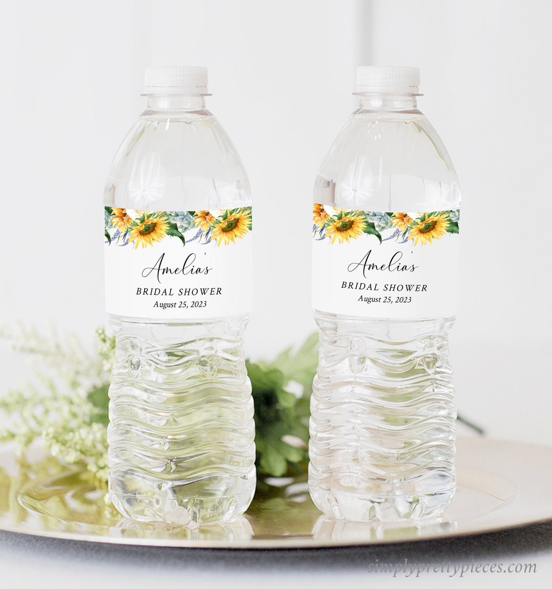 Sunflower Editable Water Bottle Labels, Yellow Floral Eucalyptus Water ...