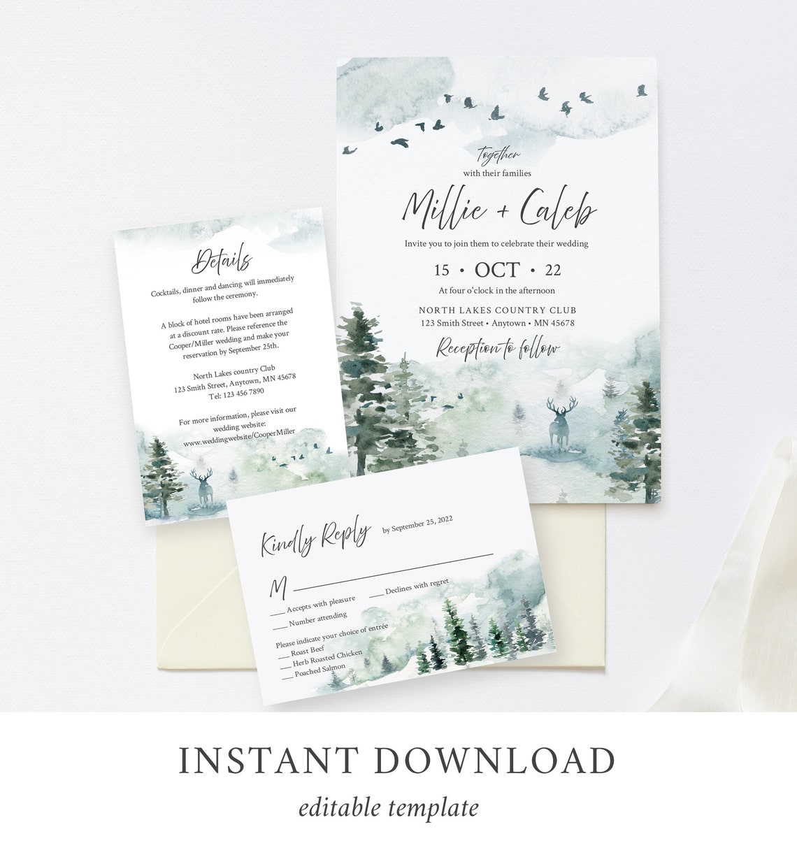 Forest Rustic Editable Wedding Invitation Suite Deer Stag | Etsy