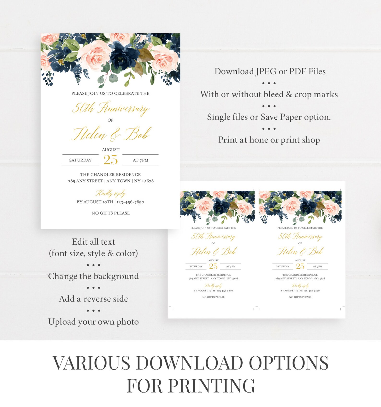 Blush Navy Gold Floral Editable Anniversary Party Invitation - Etsy